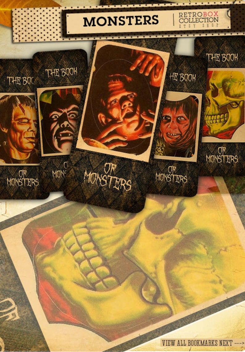 Monsters Horror Halloween Bookmarks - 12 Vintage Digital Printable ...