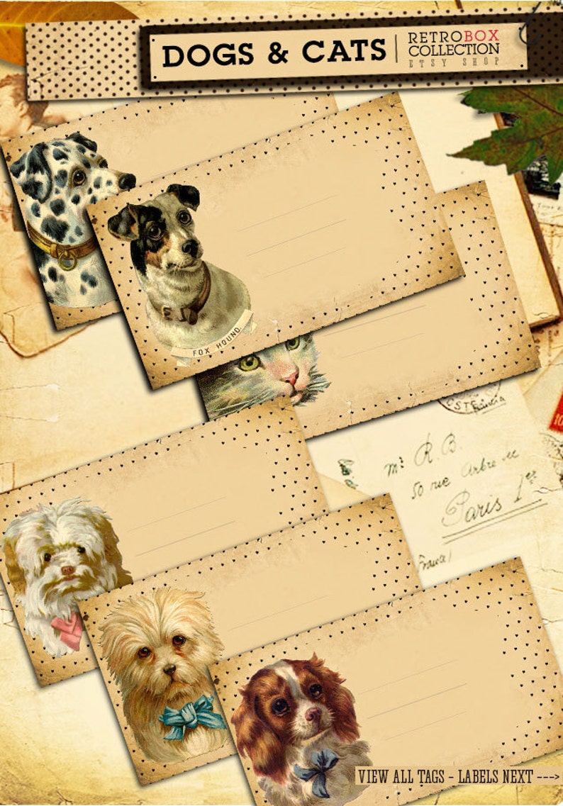 Dogs & Cats Labels Vintage Polka Dot - 10 Labels Digital Dog Cat Tags ...