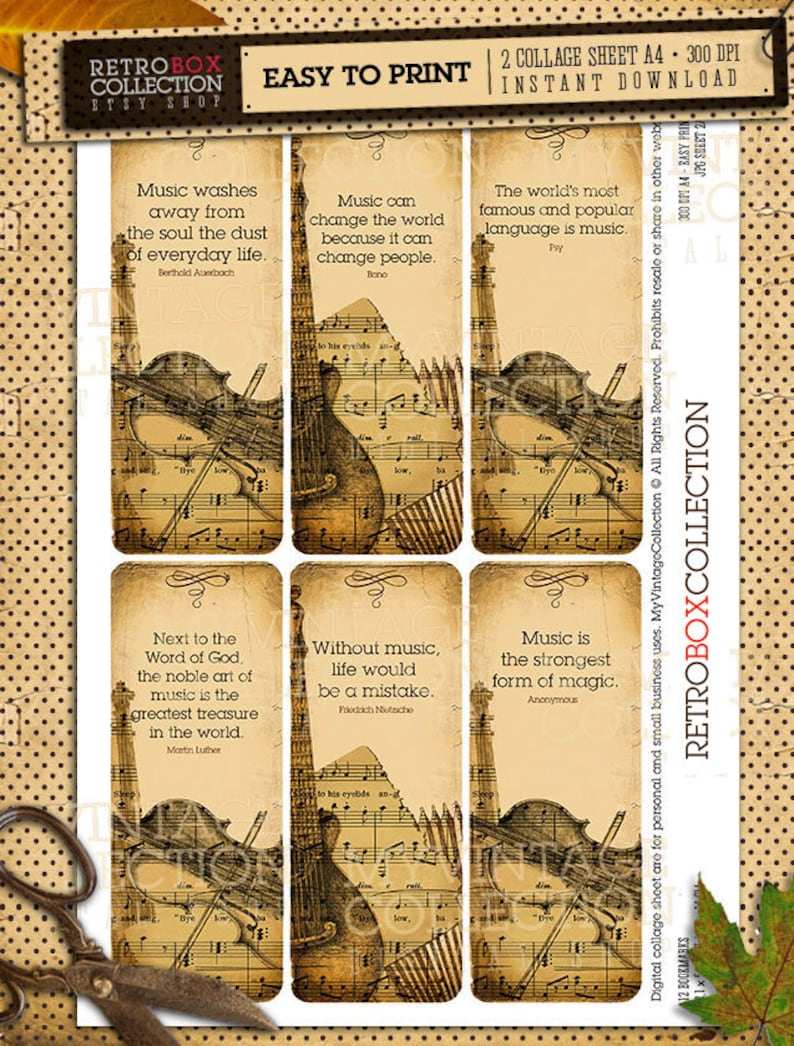 Music Quotes Bookmarks - 12 Digital Printable Collage Sheet Instant ...