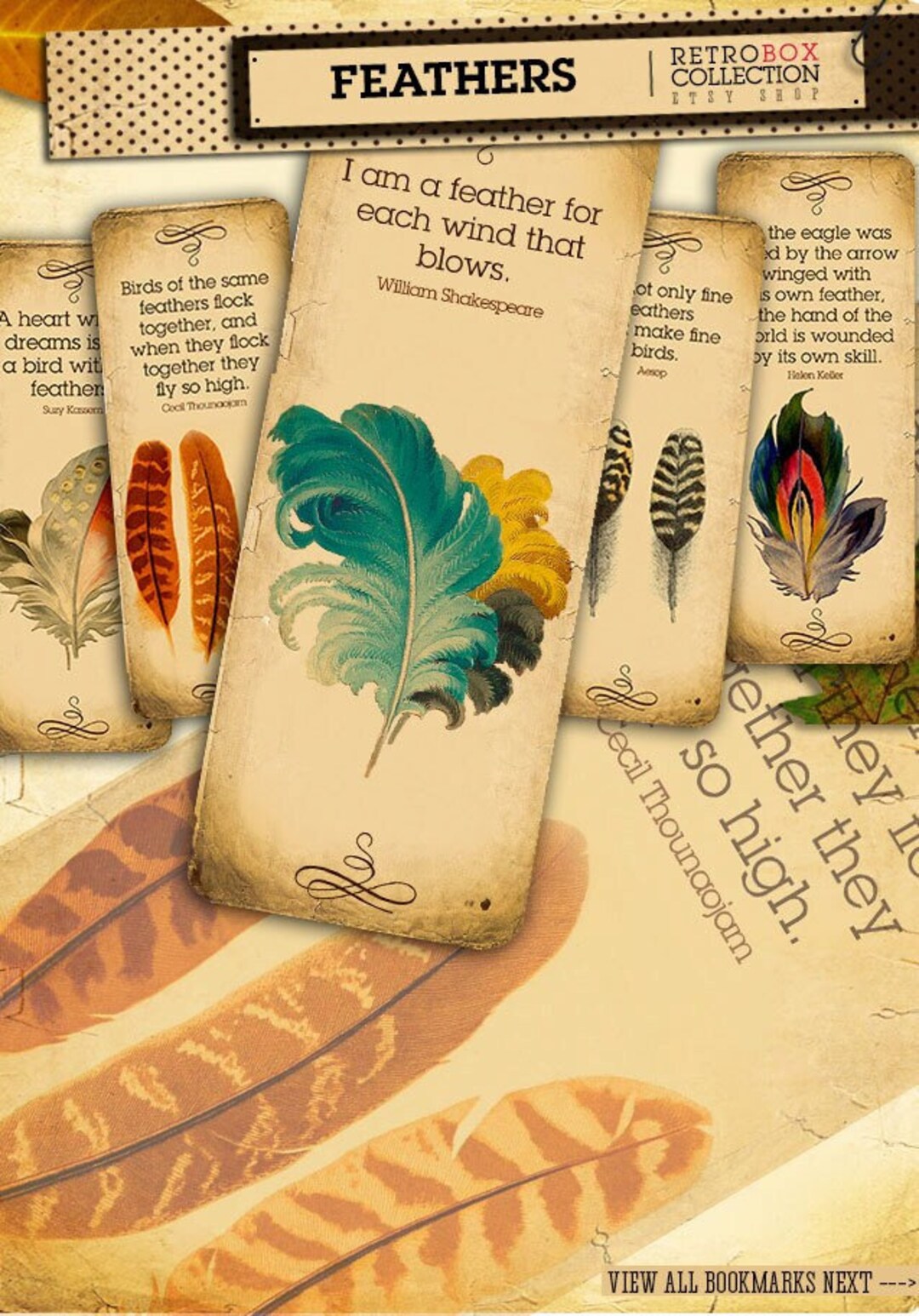 Feathers Quotes Bookmarks - 12 Vintage Digital Printable Collage Sheet ...