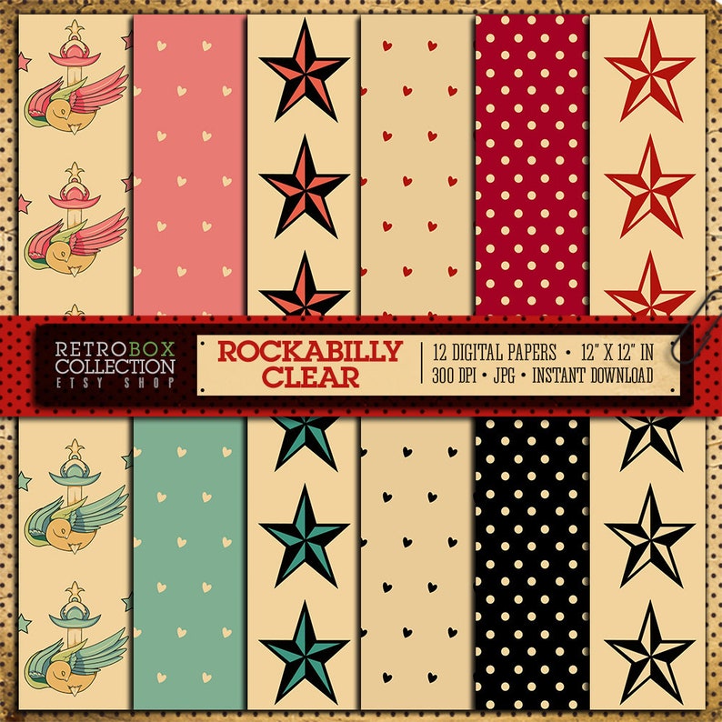 EXCLUSIVE Rockabilly Digital Paper Vintage Wallpaper - 12 X 2 Digital ...