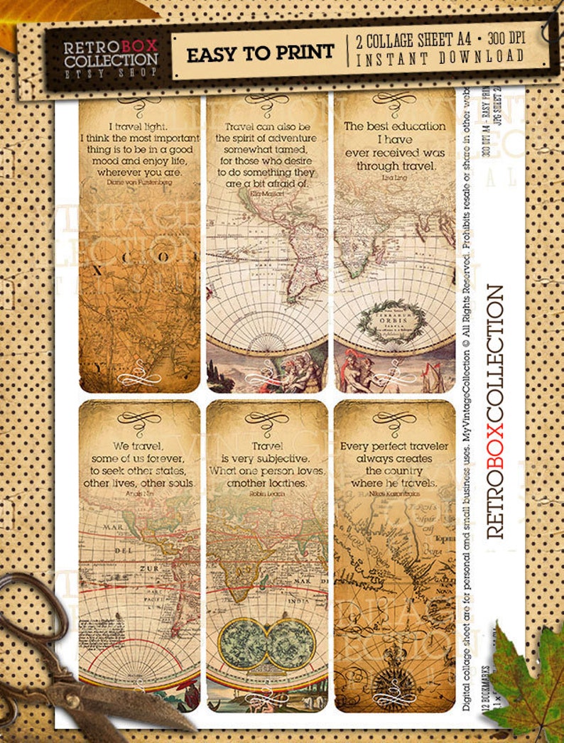 Bookmark Travel Quotes Maps Vintage - 12 Bookmarks Digital Printable ...