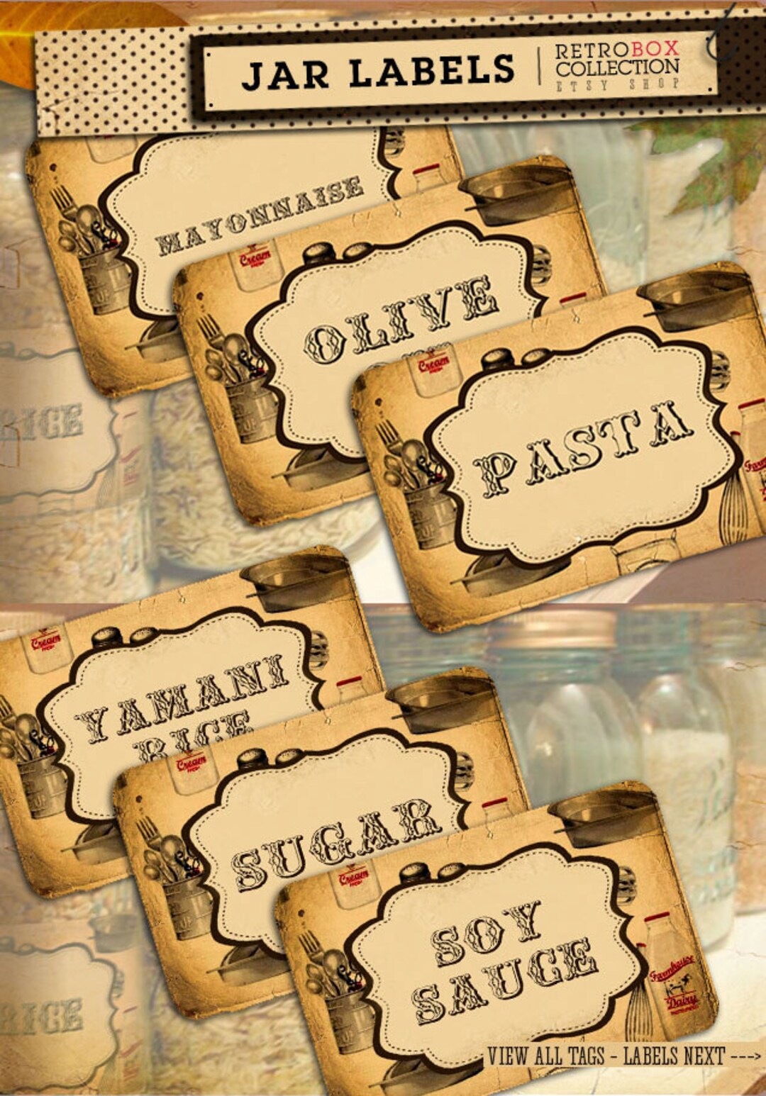 Jar Food Labels Vintage - 36 Labels Tags Printable Collage Sheet ...