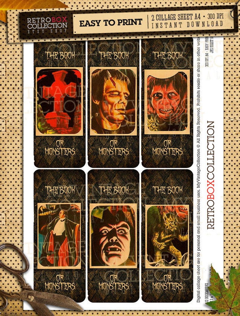 Monsters Horror Halloween Bookmarks - 12 Vintage Digital Printable ...