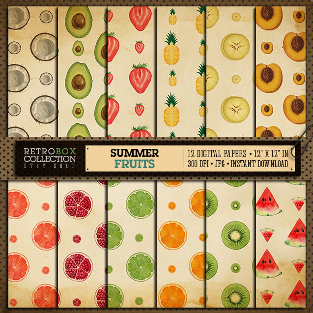 Summer Fruits Dots Digital Papers Vintage Wallpaper - 12 Digital Papers ...