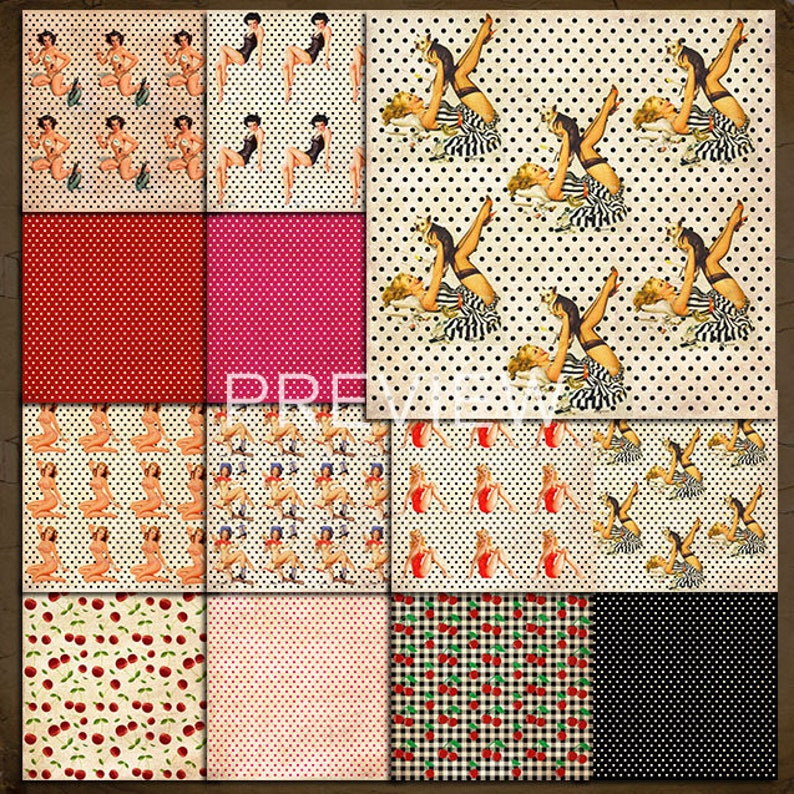 Pin up Dots Paper Cherry Digital Papers Vintage 12 Digital Papers Pack ...