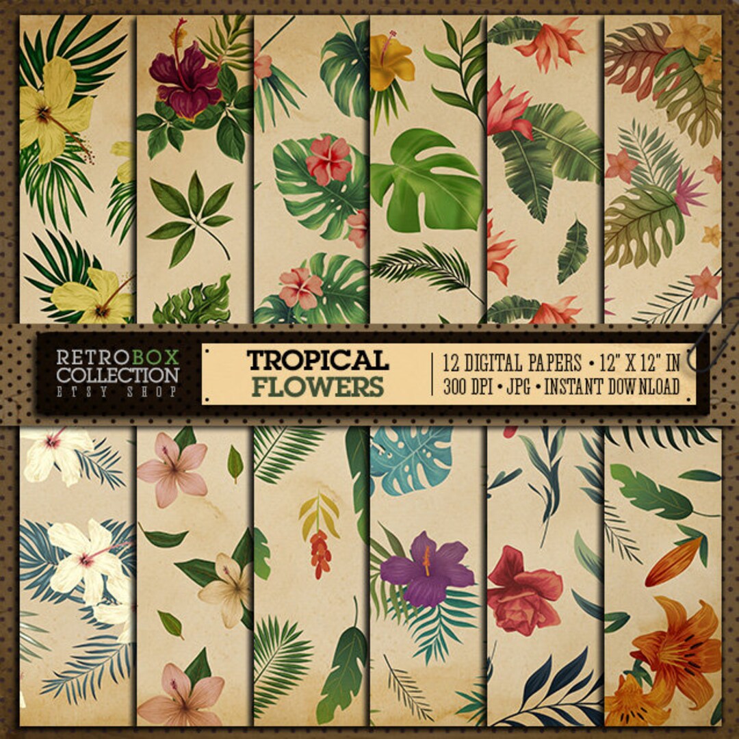 Tropical Flowers Digital Papers Vintage Wallpaper - 12 Digital Papers ...