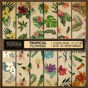Tropical Flowers Digital Papers Vintage Wallpaper - 12 Digital Papers ...