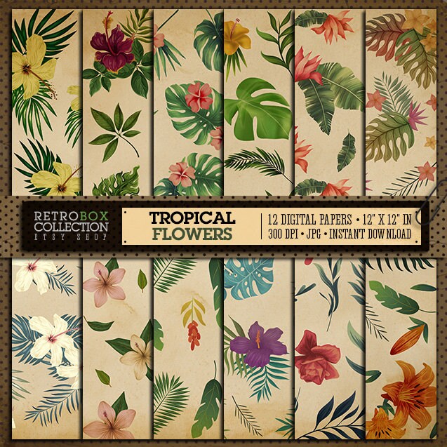 Tropical Flowers Digital Papers Vintage Wallpaper - 12 Digital Papers ...