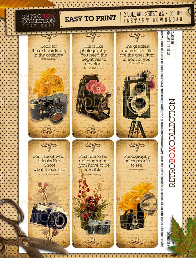 Photography Quotes & Flowers Bookmarks - 12 Vintage Digital Printable ...