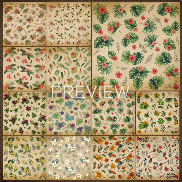Tropical Flowers Digital Papers Vintage Wallpaper - 12 Digital Papers ...