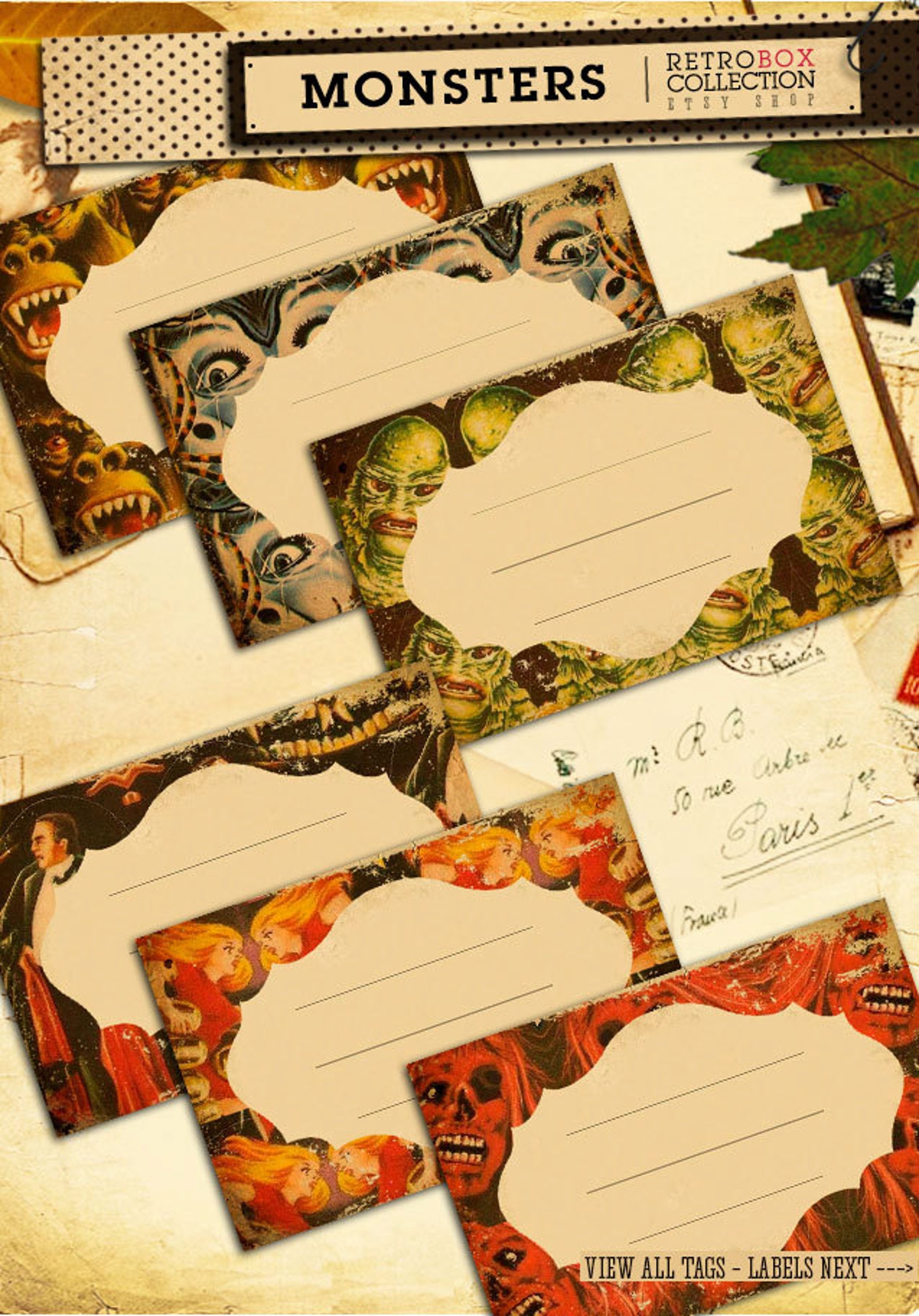 Monsters Labels Vintage - 18 Labels Horror Movies Tags Printable ...