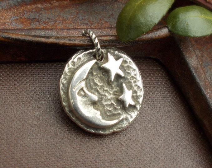 Celestial Pendant Leather Necklace, Silver Moon & Stars Round Charm ...