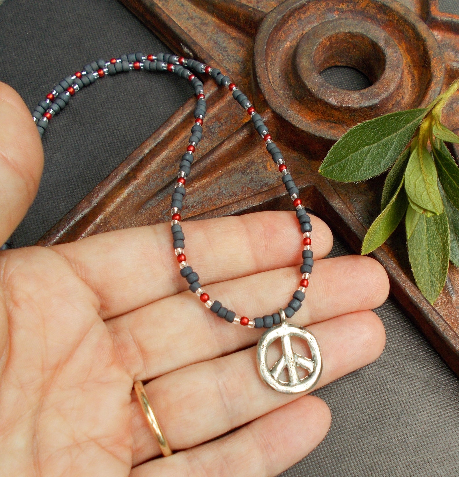 Beaded Peace Sign Necklace Silver Pewter Pendant With | Etsy