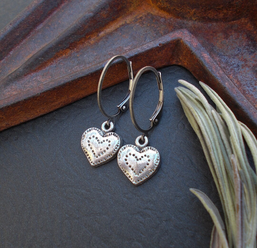 Tiny Silver Heart Earrings, Rustic Textured Silver Charms on Modern ...