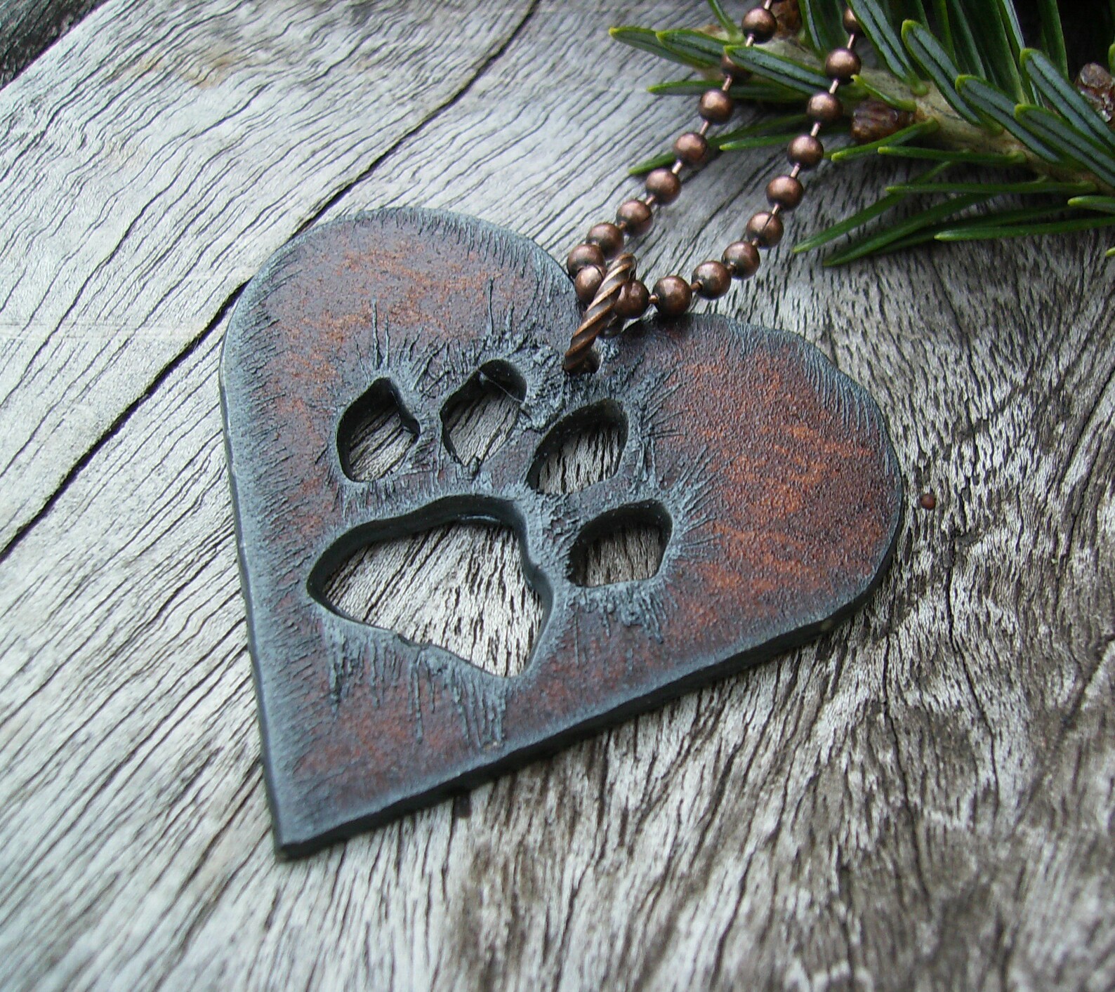 Dog Lover Necklace Large Copper Paw Print Heart Pendant on - Etsy