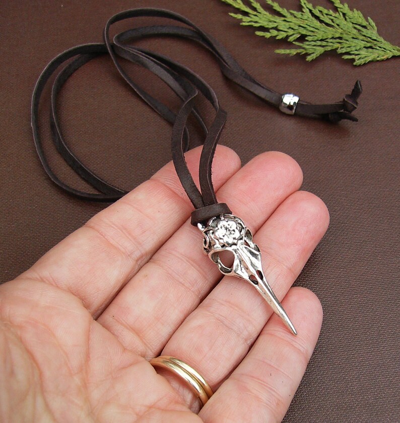 Raven Skull Necklace Leather or Faux Cord Silver Brass - Etsy