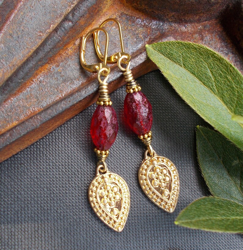 Red & Gold Teardrop Charm Earrings Rustic Ruby Red Textured - Etsy