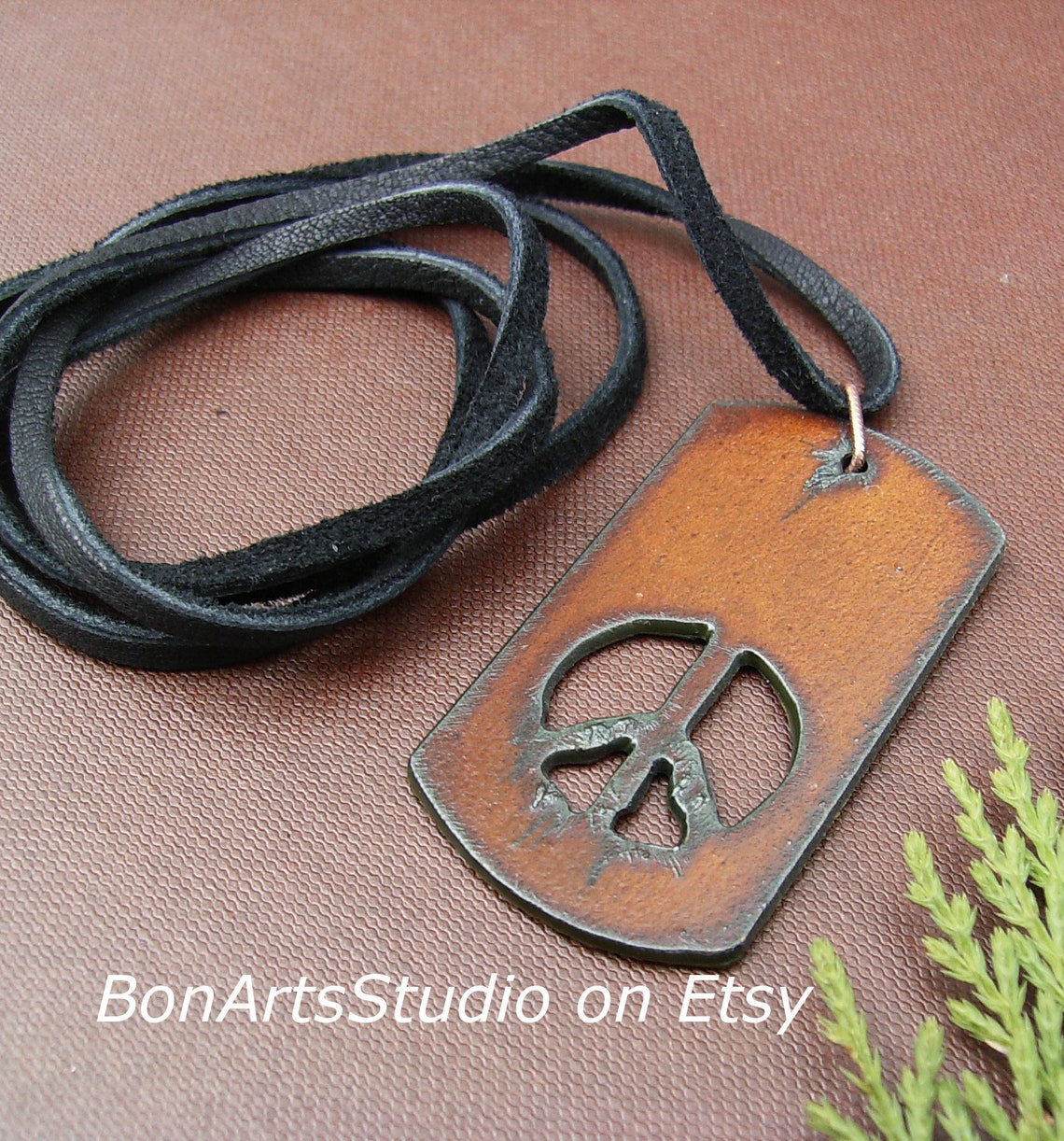 Peace Sign Pendant on Leather or Chain Large Rustic Copper | Etsy