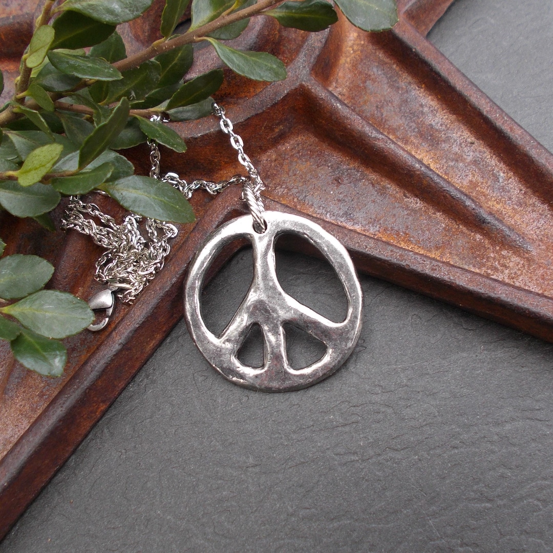Peace Sign Pendant Necklace, Large Rustic Silver Pewter Charm on ...