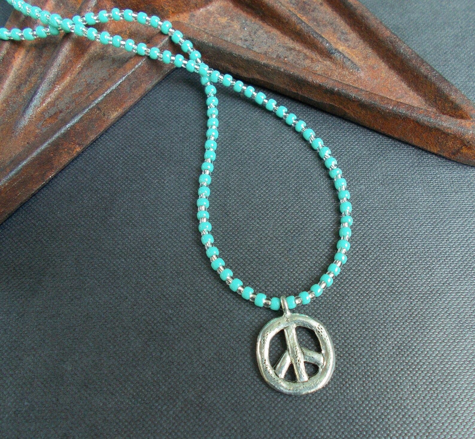 Beaded Peace Sign Necklace Silver Pewter Pendant With | Etsy