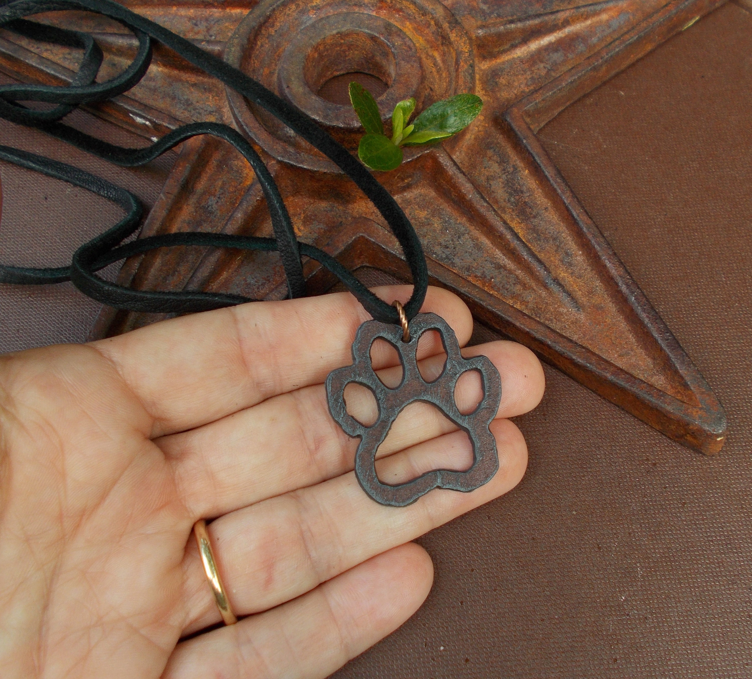 Paw Print Pendant on Leather or Chain Large Rustic Copper | Etsy