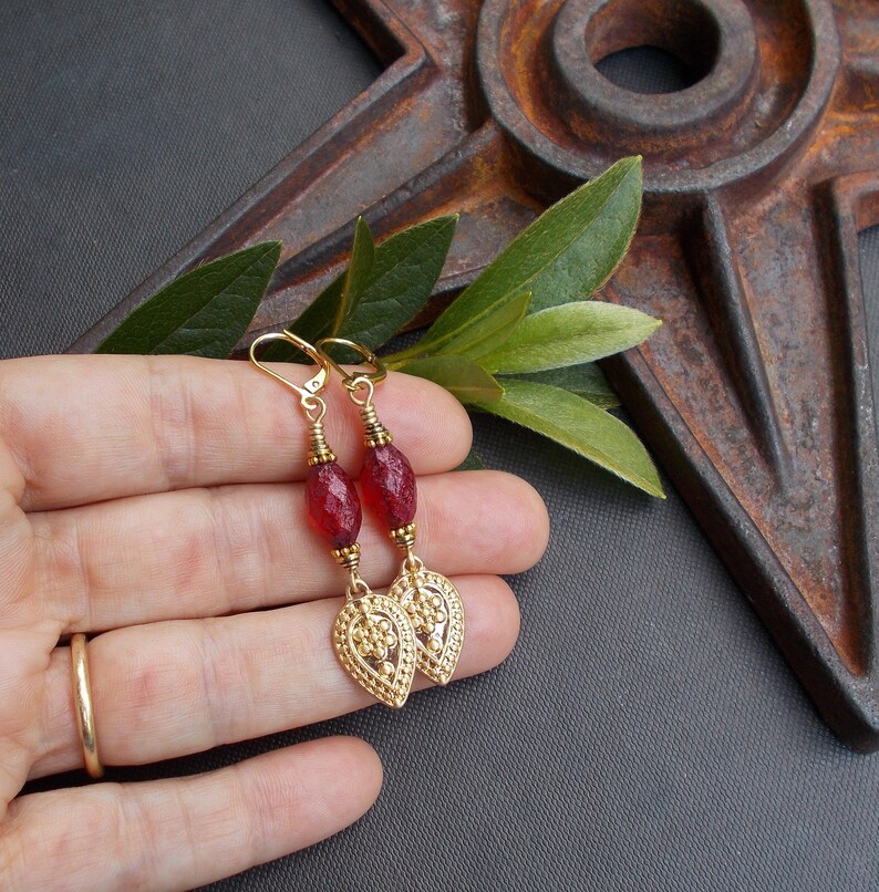 Red & Gold Teardrop Charm Earrings Rustic Ruby Red Textured - Etsy