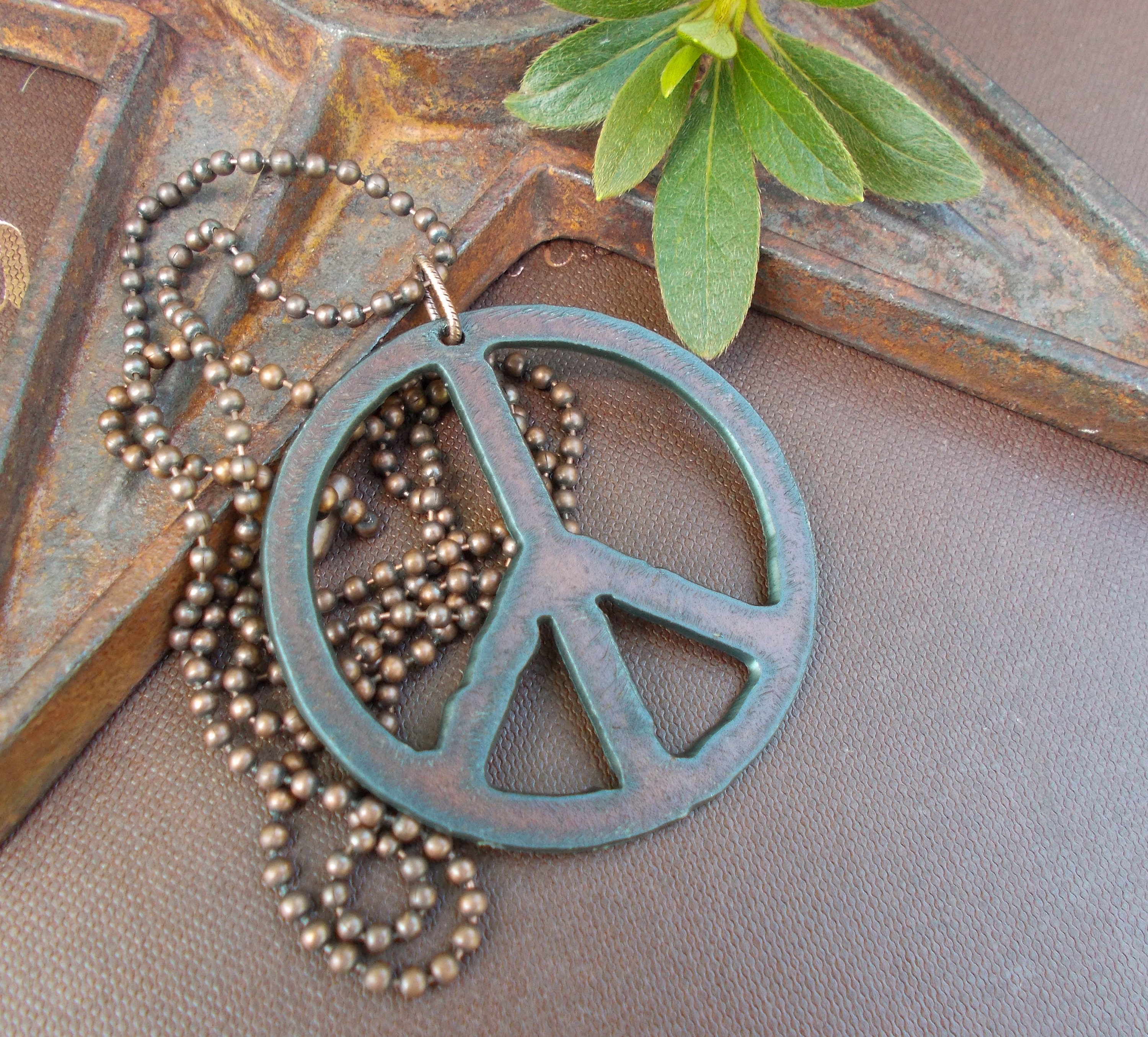 Peace Sign Pendant on Leather or Chain Large Rustic Copper | Etsy