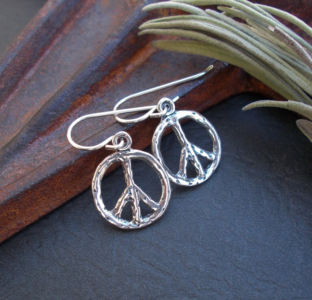 Small Sterling Silver Peace Sign Earrings, Rustic Oxidized & Textured ...