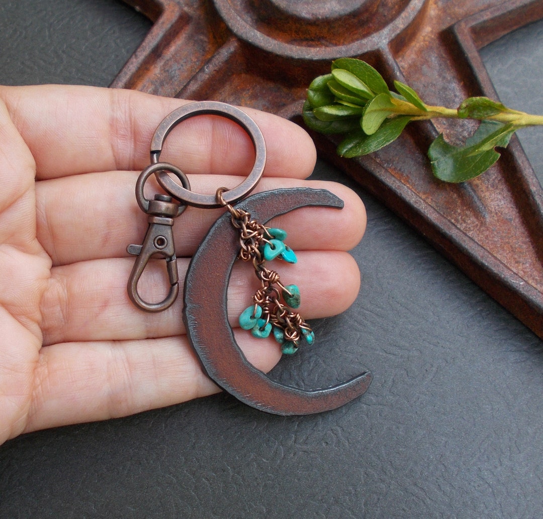 Rustic Crescent Moon & Turquoise Keychain Copper Southwestern - Etsy