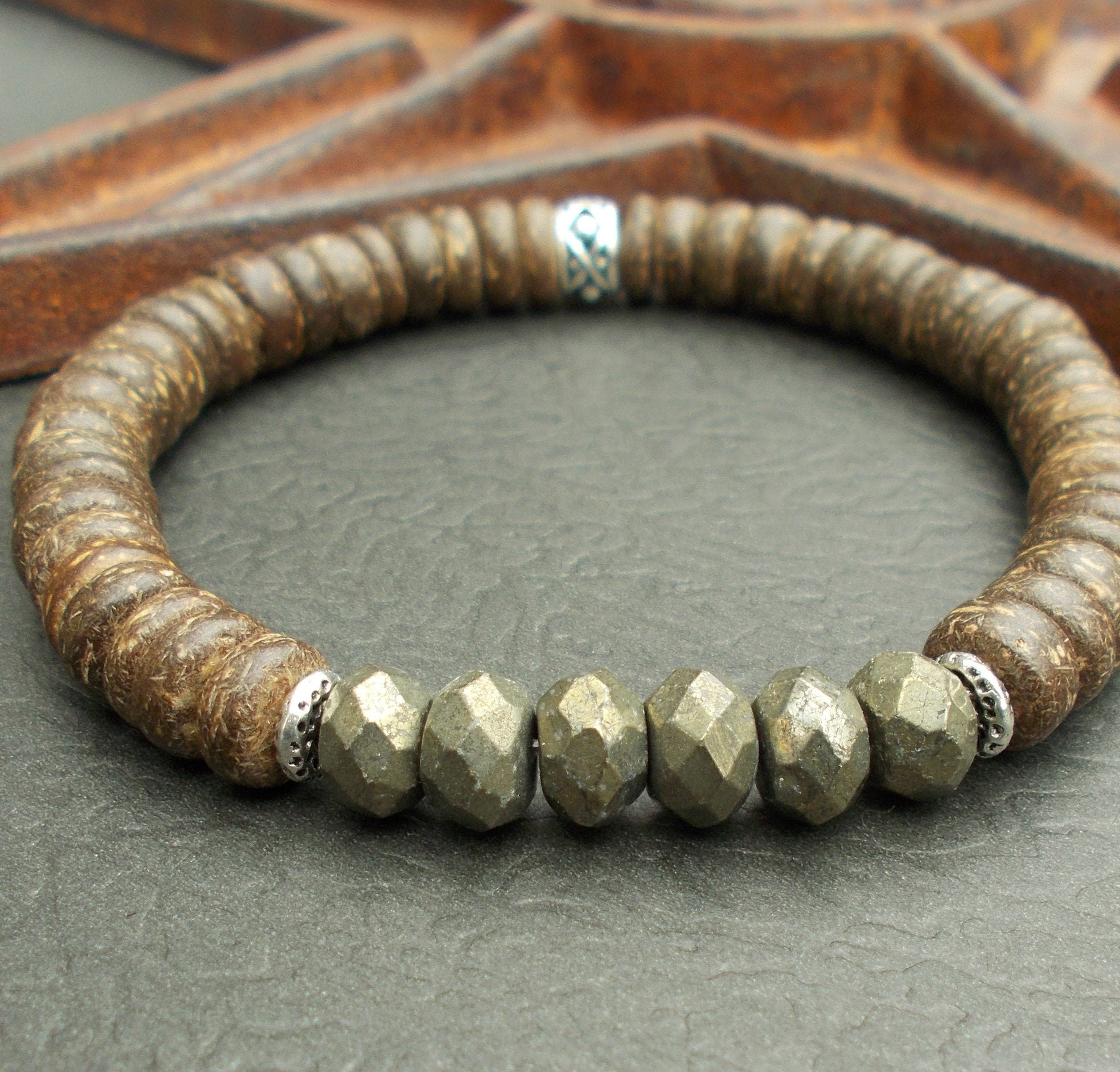 Brown Coconut Shell Bracelet Faceted Pyrite Fool's Gold - Etsy