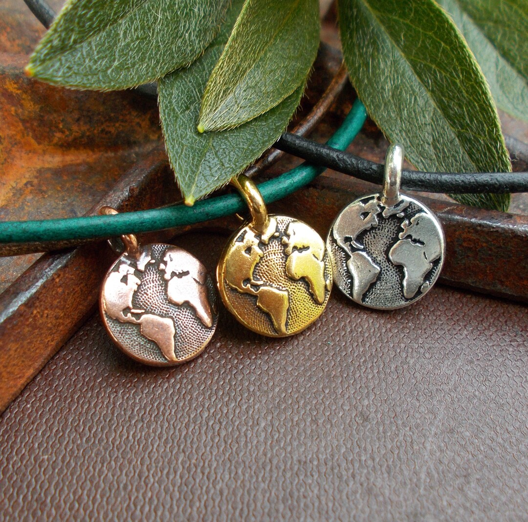 Planet Pendant on Leather, Small Silver, Gold or Copper World Charm ...
