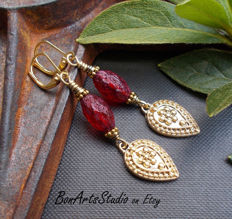 Red & Gold Teardrop Charm Earrings Rustic Ruby Red Textured - Etsy