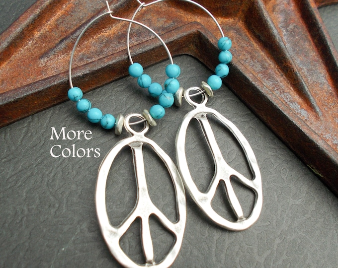 Large Peace Sign Earrings, Boho Silver Turquoise or White Howlite ...
