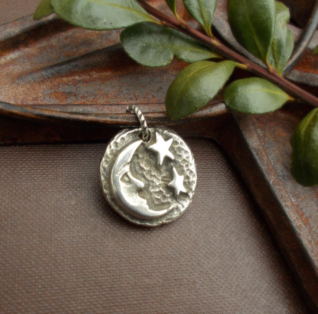 Celestial Pendant Leather Necklace, Silver Moon & Stars Round Charm ...