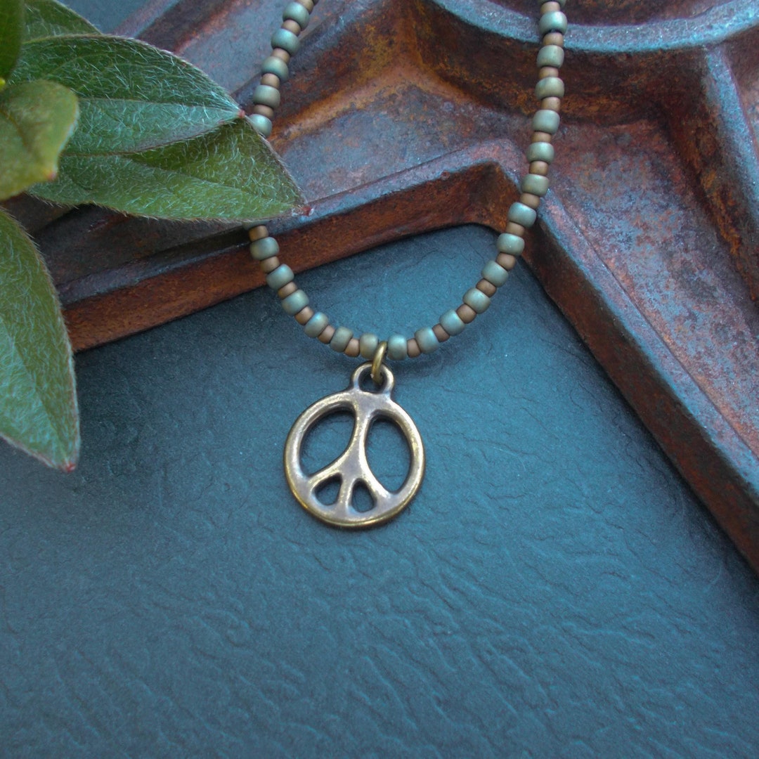 Beaded Peace Sign Layering Necklace, Antique Brass Pendant on Gray ...