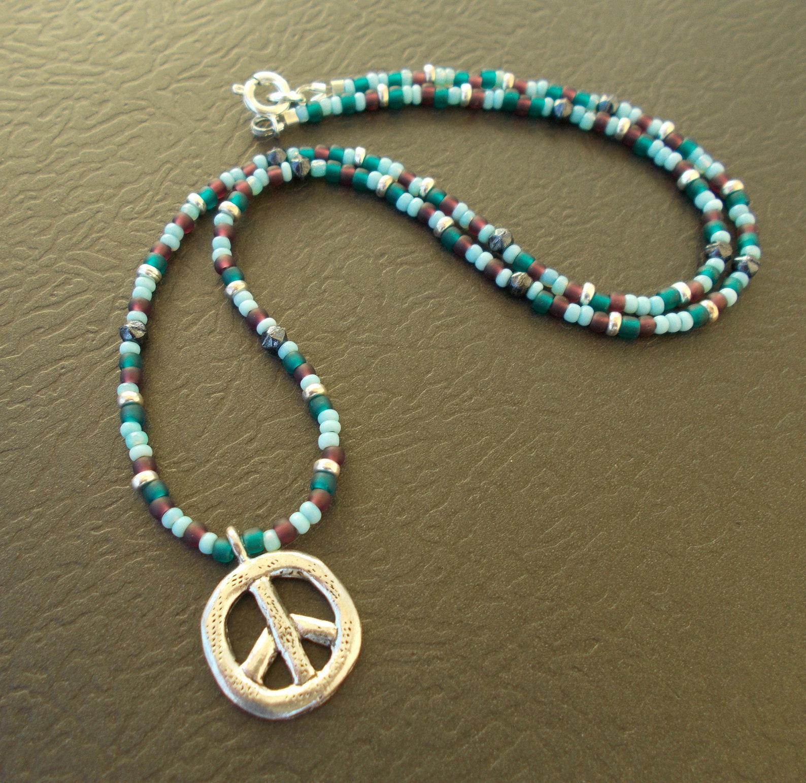 Beaded Peace Sign Necklace Silver Pewter Pendant on | Etsy