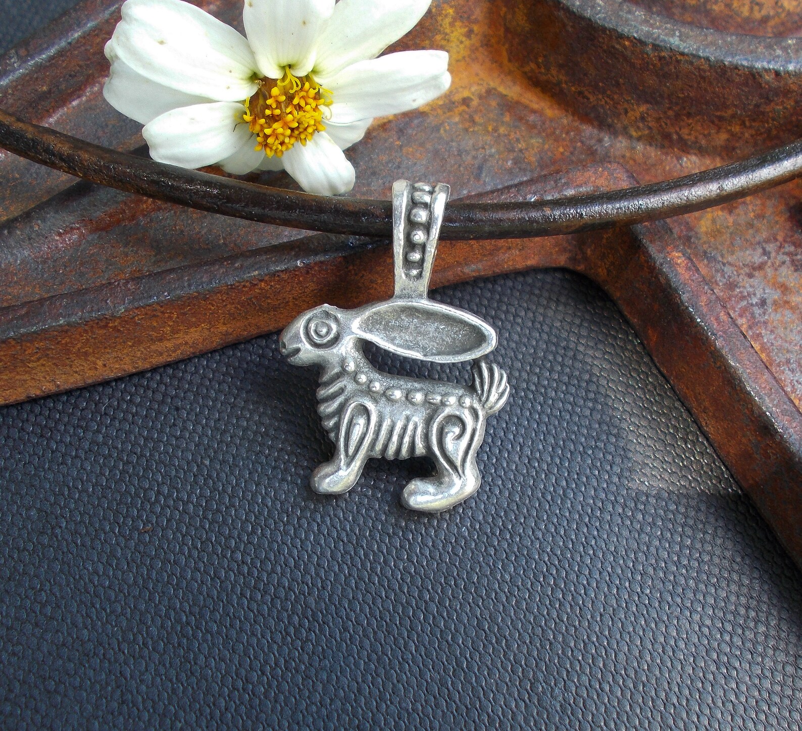 Silver Rabbit Pendant on Leather Custom Rustic Folk Art | Etsy