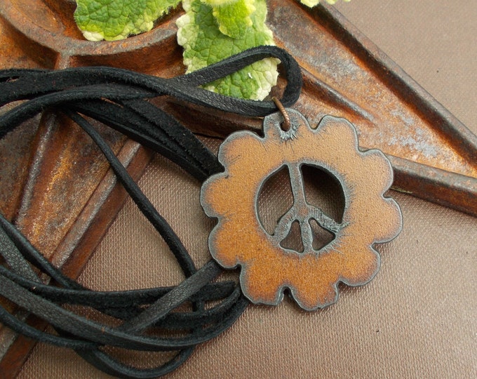 Flower Power Peace Sign Pendant on Leather or Chain, Large Rustic ...