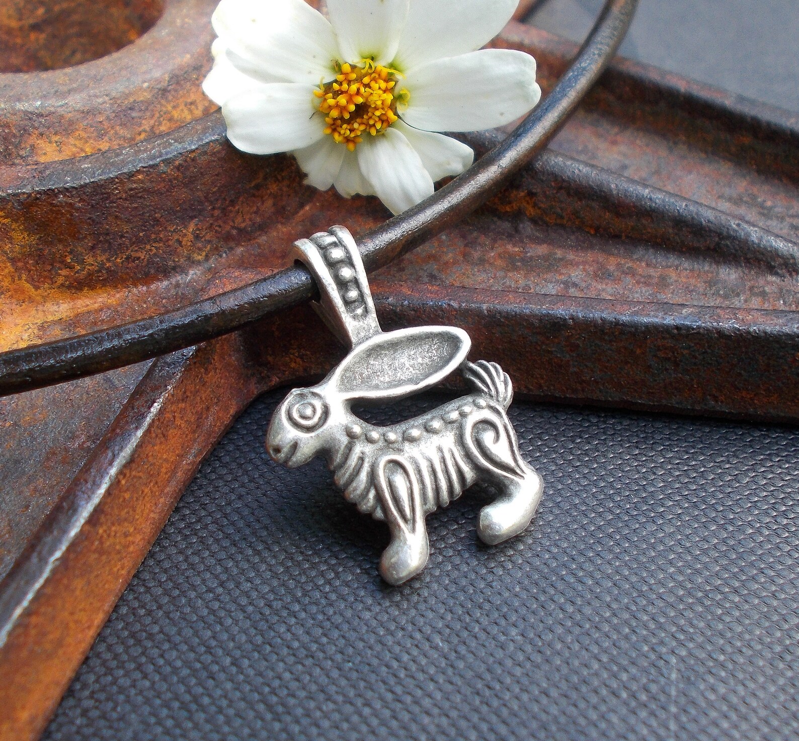 Silver Rabbit Pendant on Leather Custom Rustic Folk Art - Etsy