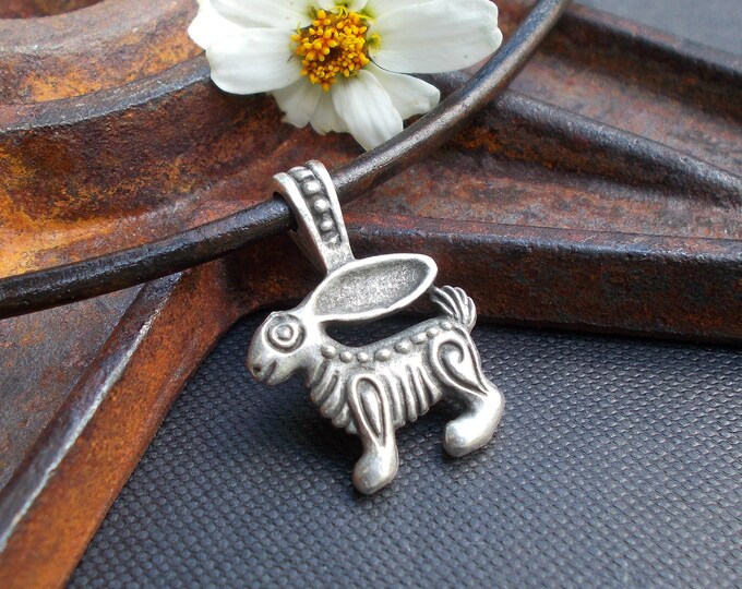 Silver Rabbit Pendant on Leather, Custom Rustic Folk Art Jackrabbit ...