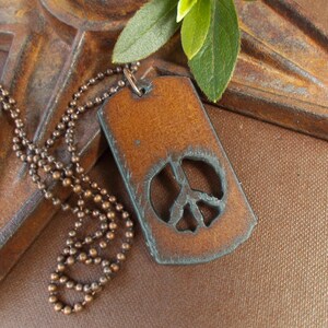 Peace Sign Pendant on Leather or Chain, Large Rustic Copper Dog Tag ...