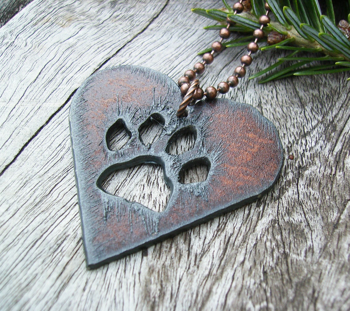 Dog Lover Necklace Large Copper Paw Print Heart Pendant on | Etsy