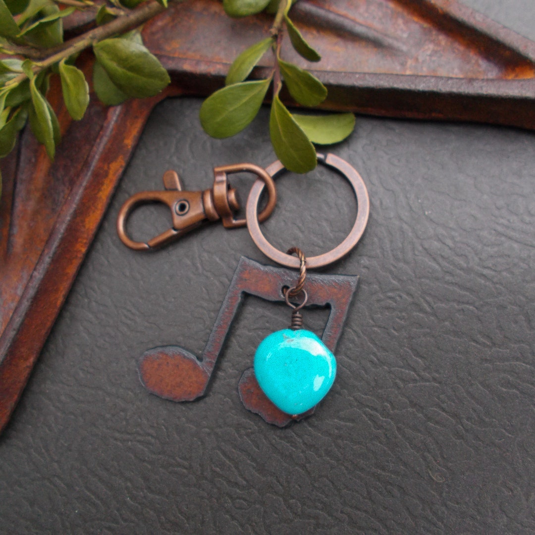 Rustic Music Note & Turquoise Stone Keychain, Large Copper Southwestern ...