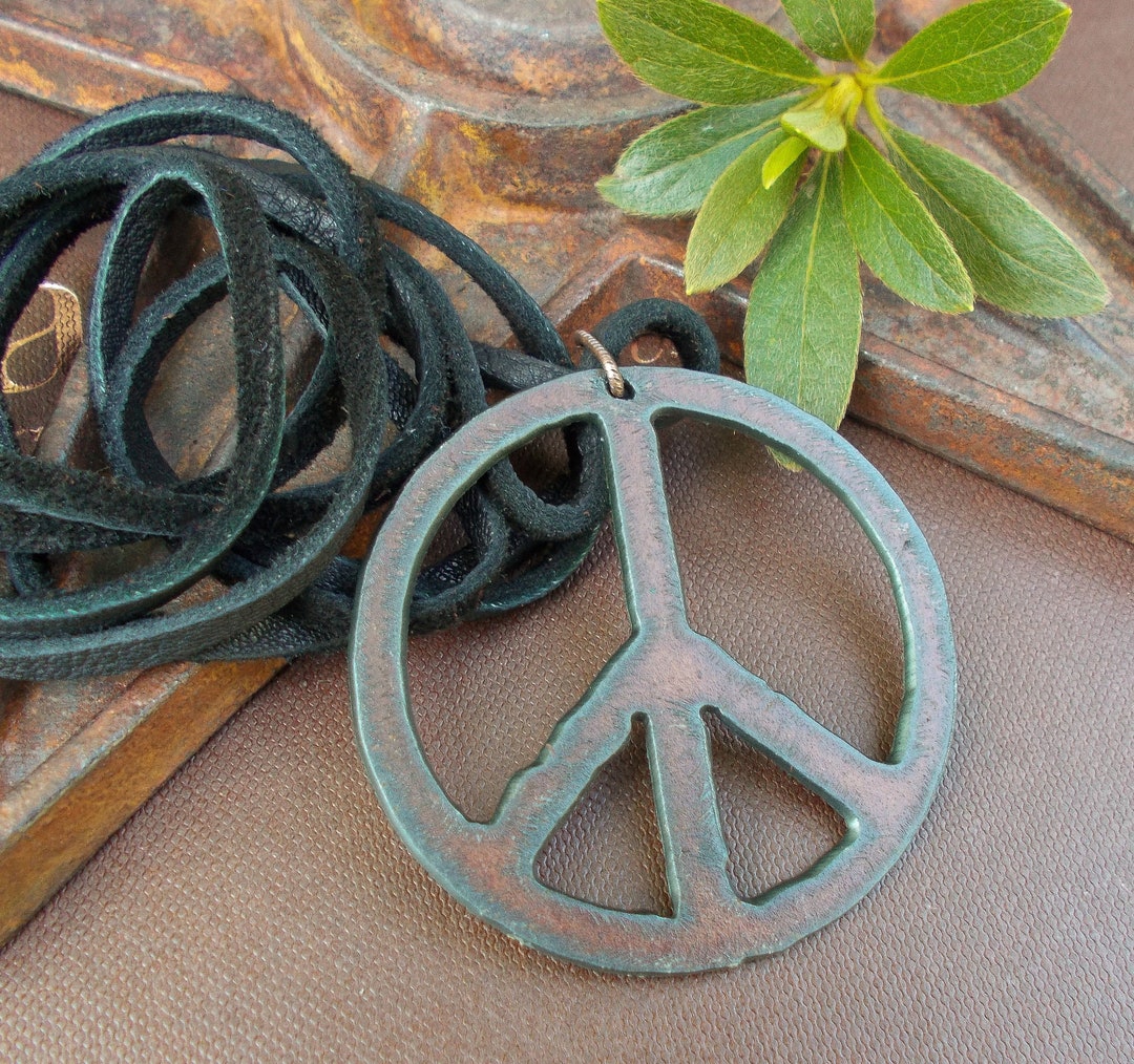 Last One - Peace Sign Pendant on Leather or Chain, Large Rustic Copper ...