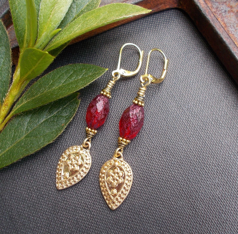 Red & Gold Teardrop Charm Earrings Rustic Ruby Red Textured - Etsy