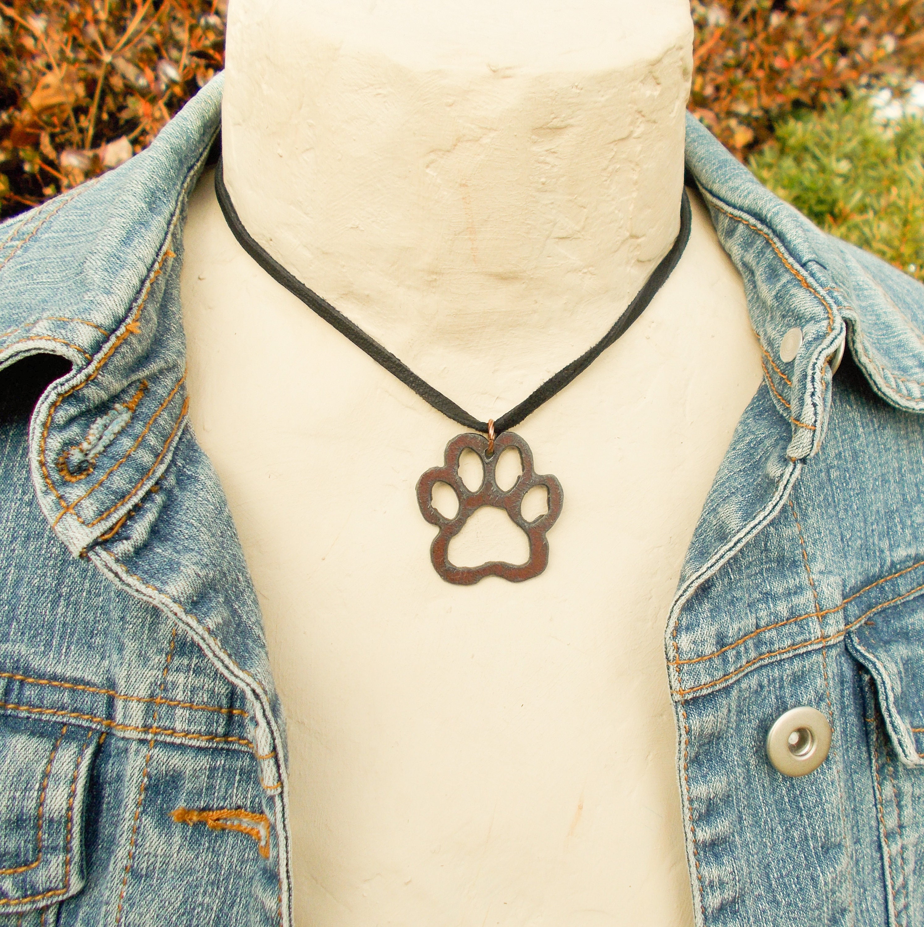 Paw Print Pendant on Leather or Chain Large Rustic Copper | Etsy