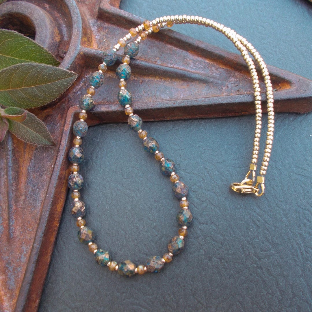 Earthy Czech Glass Beaded Necklace, Rustic Blue & Orange Beads With ...