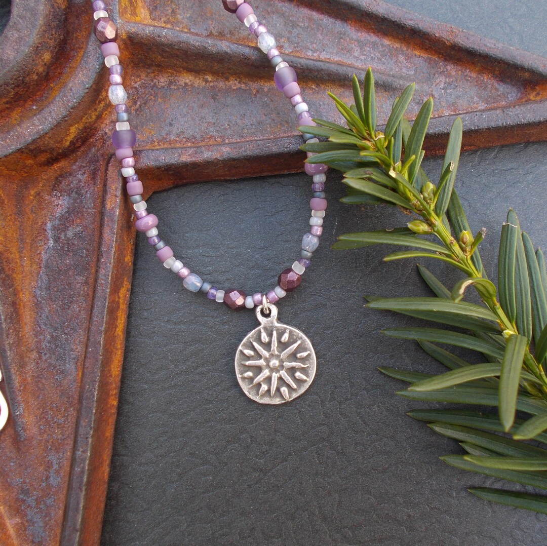 Small Sun Medallion Necklace, Rustic Silver Celestial Pendant With ...