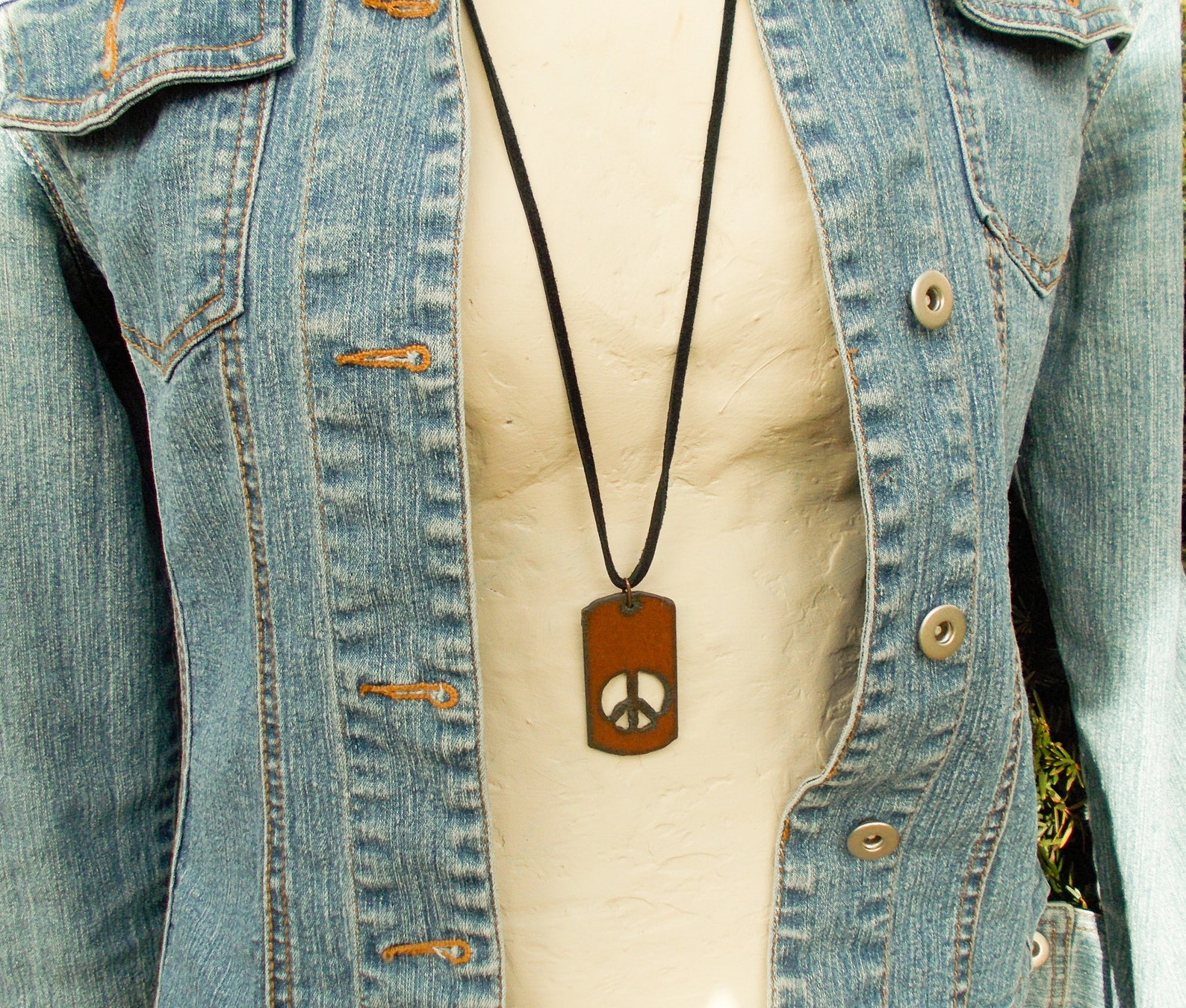 Peace Sign Pendant on Leather or Chain Large Rustic Copper | Etsy